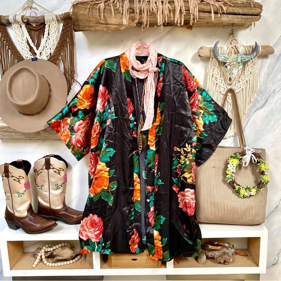 Vintage | Tops | Gypsy Floral Boho Satin Cover Up Cardi W Gypsy Shabby ...